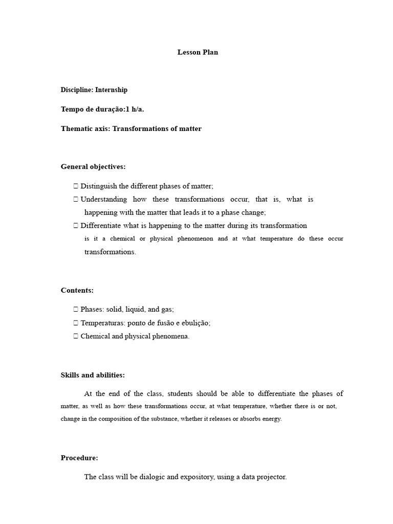 Lesson Plan (Transformations of Matter) | PDF