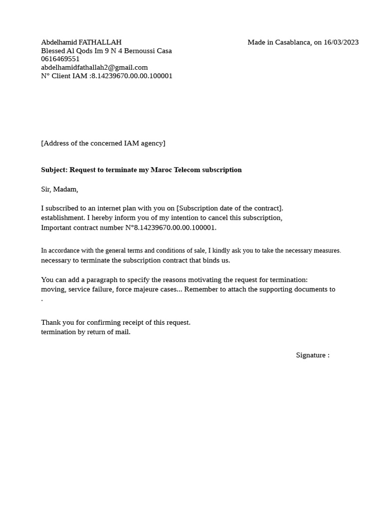 Maroc Telecom Subscription Termination Request | PDF
