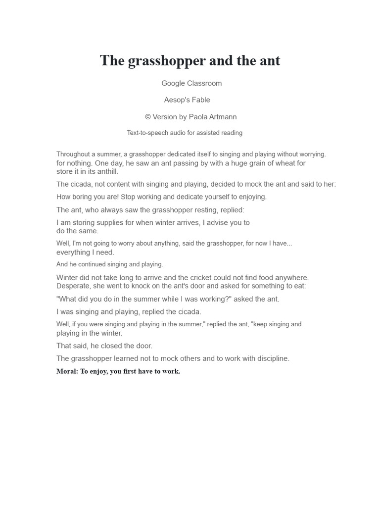 Aesop's Fable: Grasshopper and Ant | PDF