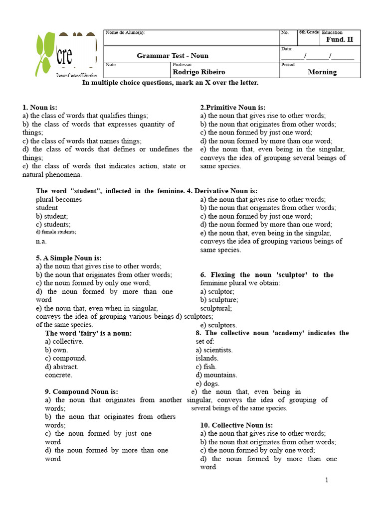 6th Grade Grammar Test: Nouns | PDF | Noun | Word