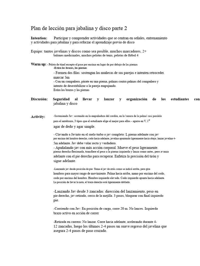 Lección de Jabalina y Disco: Actividades y Seguridad | PDF