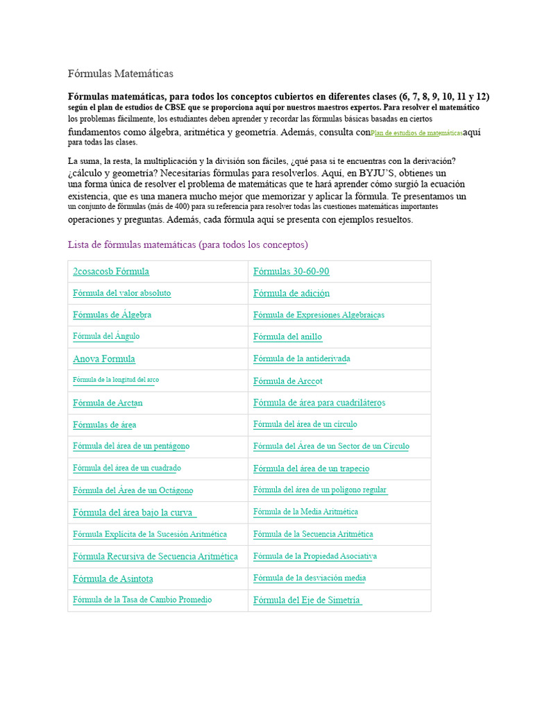Más de 400 Fórmulas Matemáticas | PDF | Álgebra | Fórmula