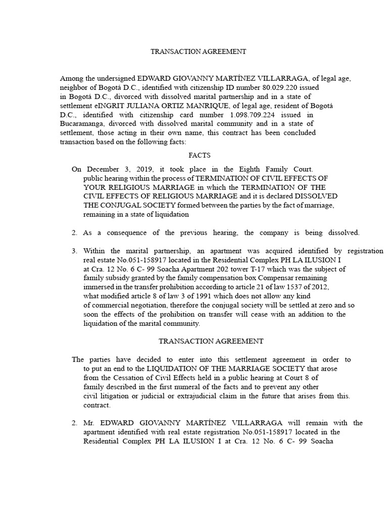 Bogotá Divorce Settlement Agreement | PDF | Credit | Finance & Money ...