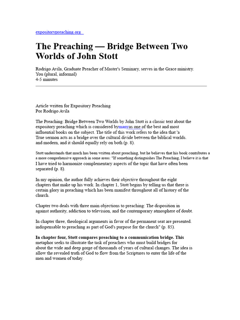 The Preaching - Bridge Between Two Worlds by John Stott | PDF | Sermon ...