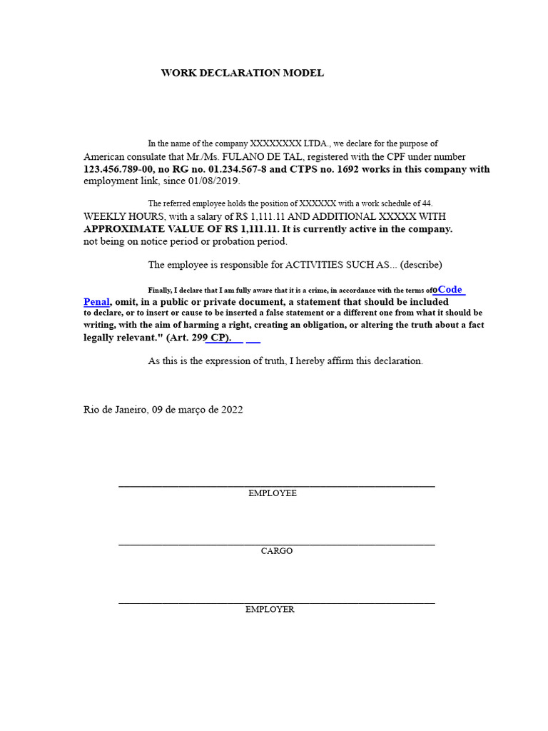 Work Declaration for Employment Verification | PDF