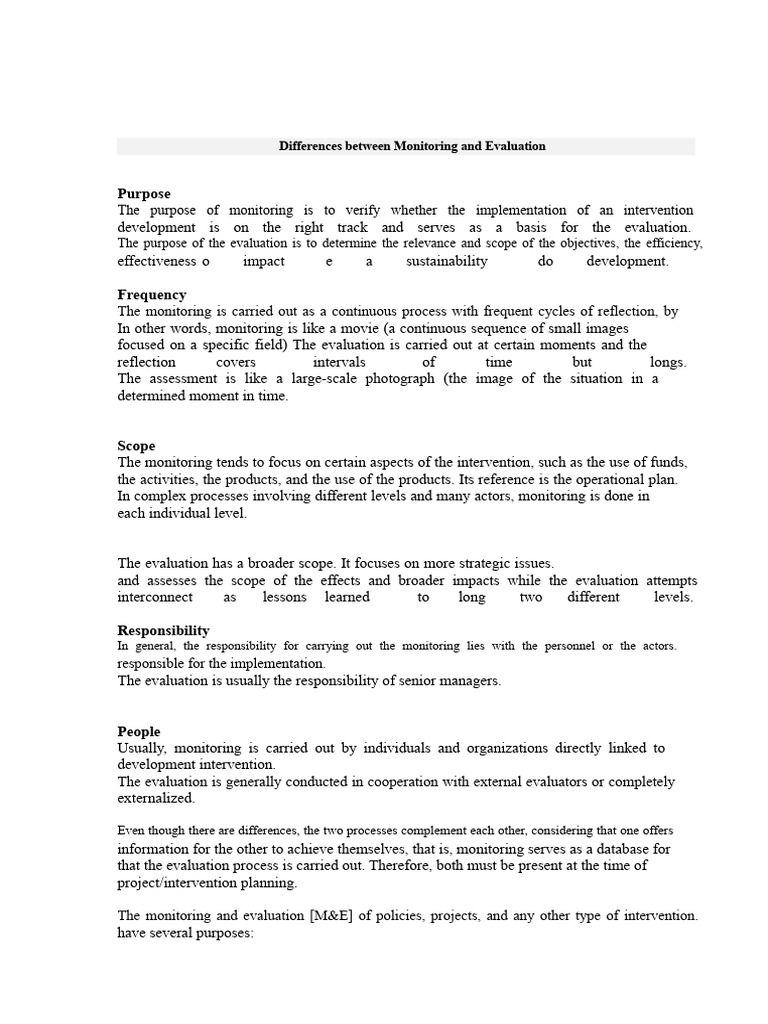 Monitoring vs Evaluation: Key Differences | PDF | Evaluation ...