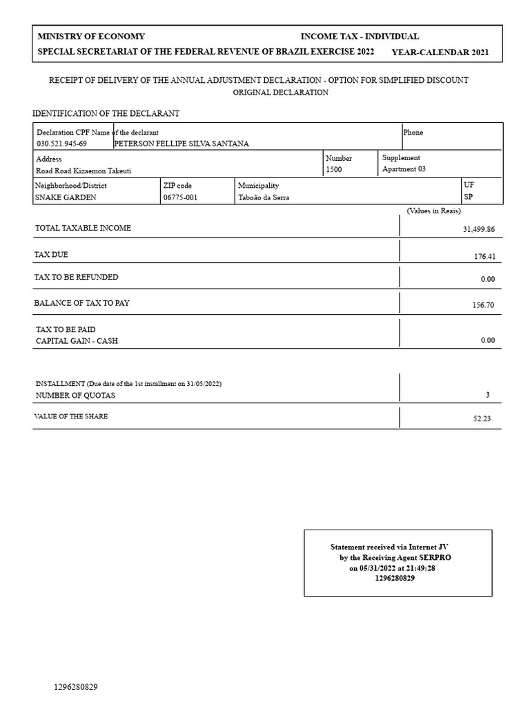 Income Tax Declaration 2022 Fellipe | PDF | Taxes | Income Tax