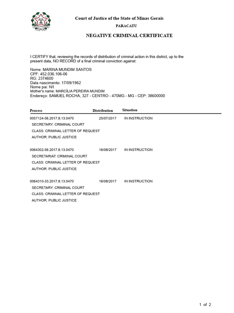 Negative Criminal Certificate - Minas Gerais | PDF | Government ...