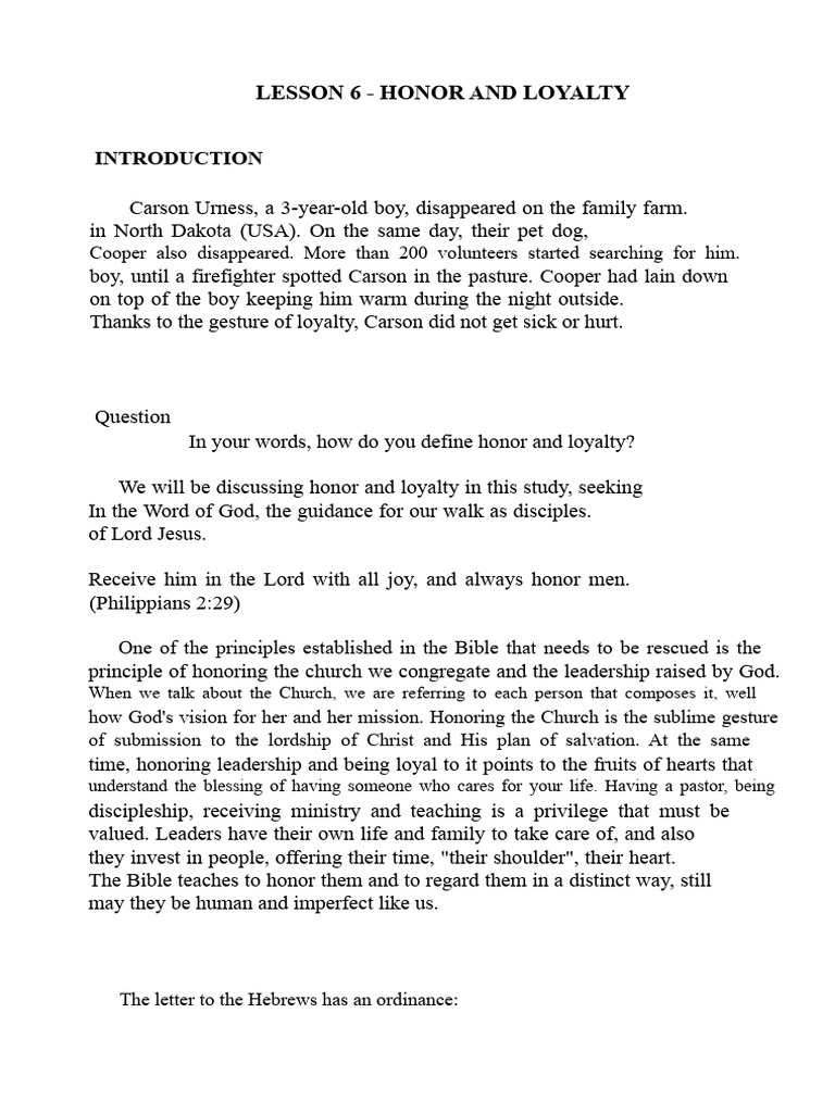 Lesson 6 - Honor and Loyalty | PDF | Disciple (Christianity) | Jesus