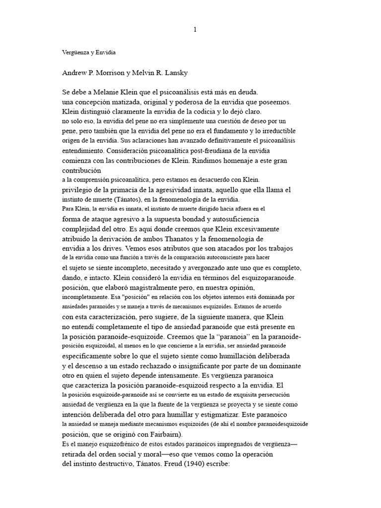 Vergüenza y Envidia - Andrew P. Morrison Melvin R. Lansky | PDF ...
