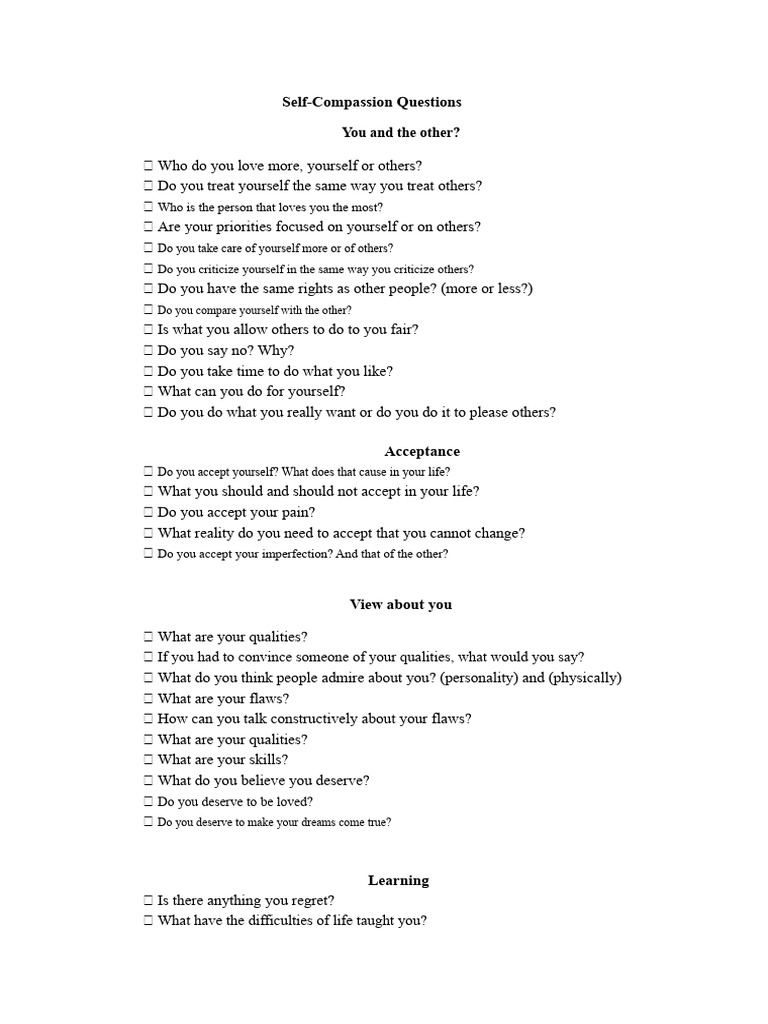 Self-Compassion Reflection Questions | PDF | Behavioural Sciences ...