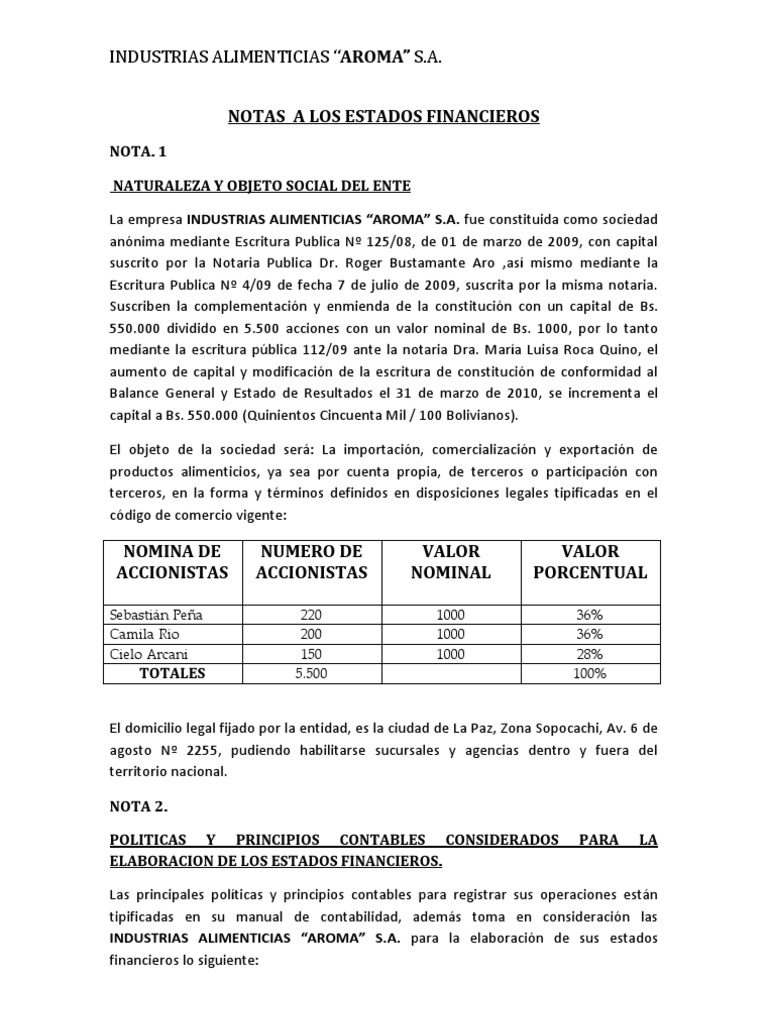 Notas a Los Estados Financieros- Costos