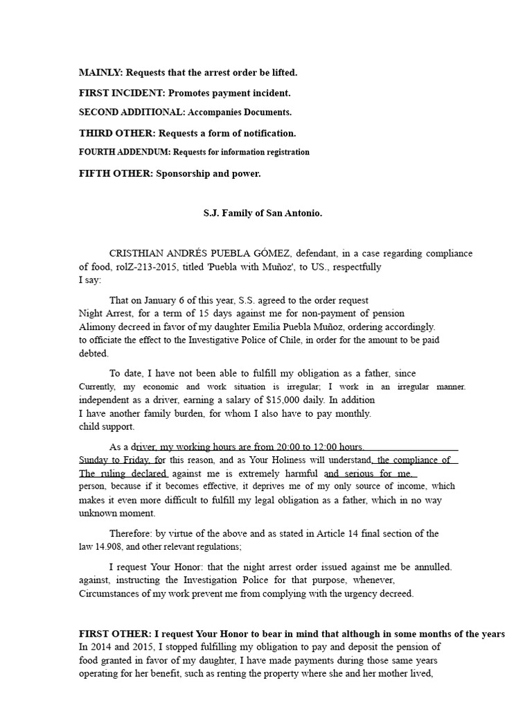Request to Lift Arrest Order for Alimony | PDF | Child Support ...