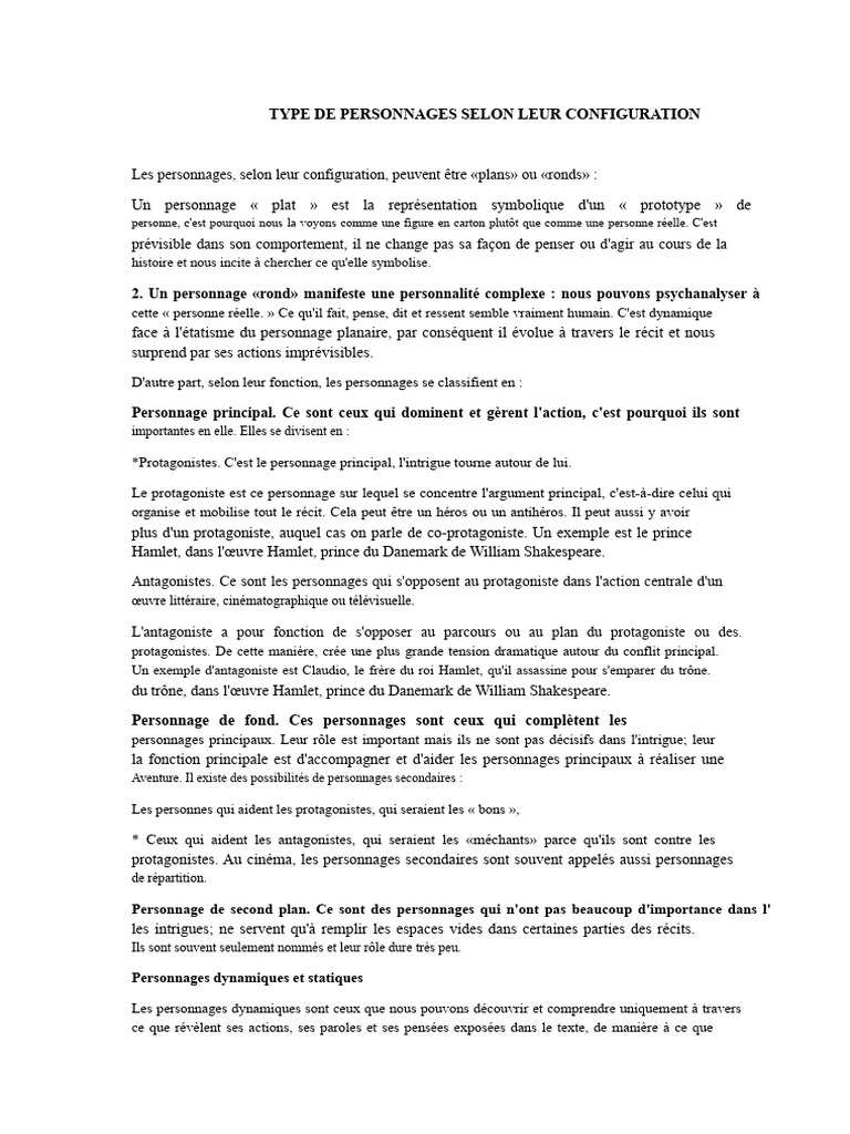 Types de Personnages Selon Leur Configuration | PDF | Hamlet | Stéréotypes