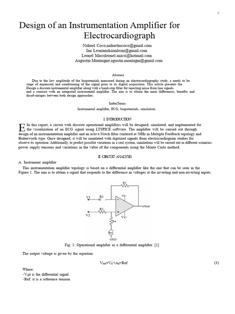 Instrumentation Amplifier Design for ECG | PDF | Amplifier ...