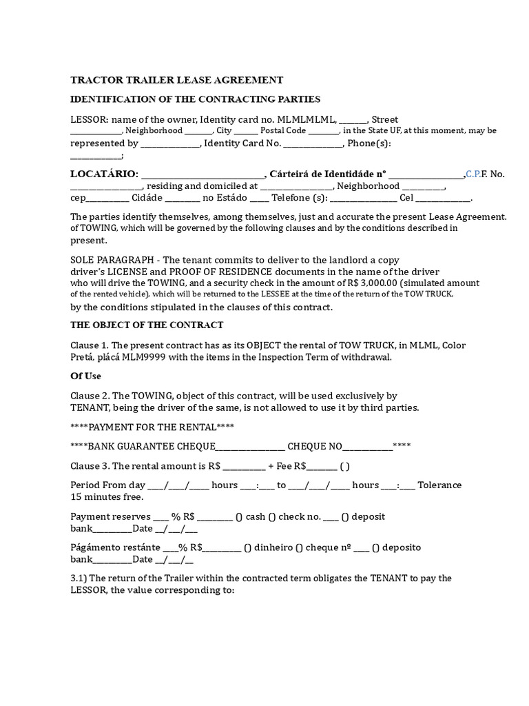 Model Lease Agreement For Trailer Truck | PDF | Lease | Leasehold Estate