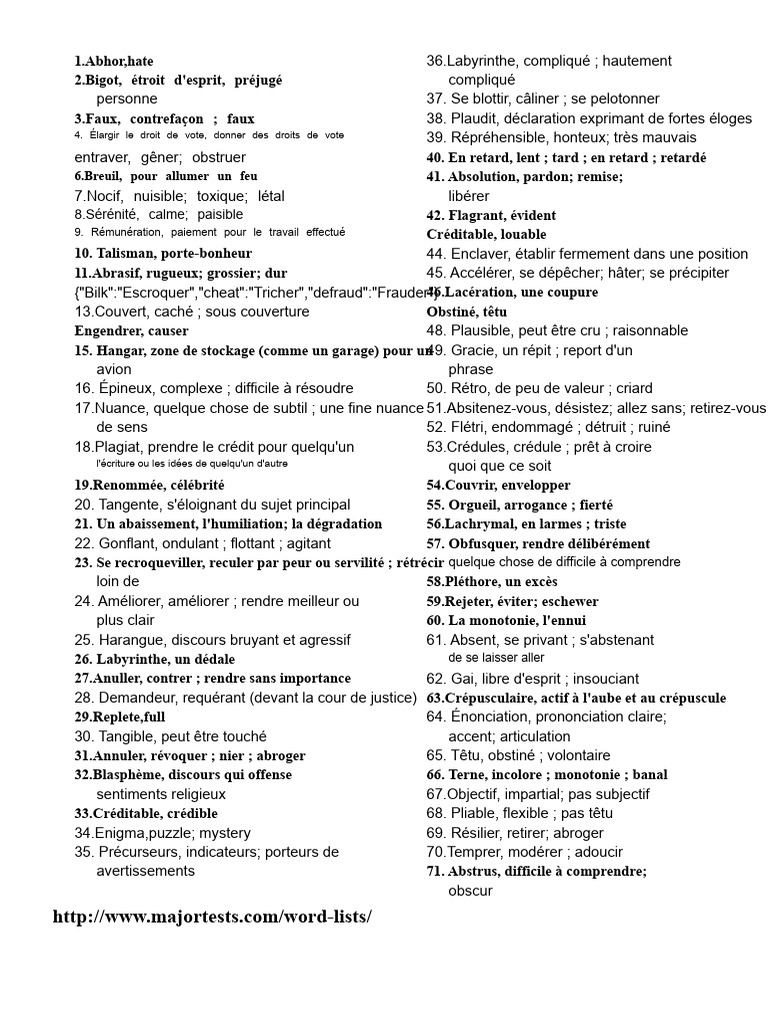 Liste de vocabulaire et définitions | PDF