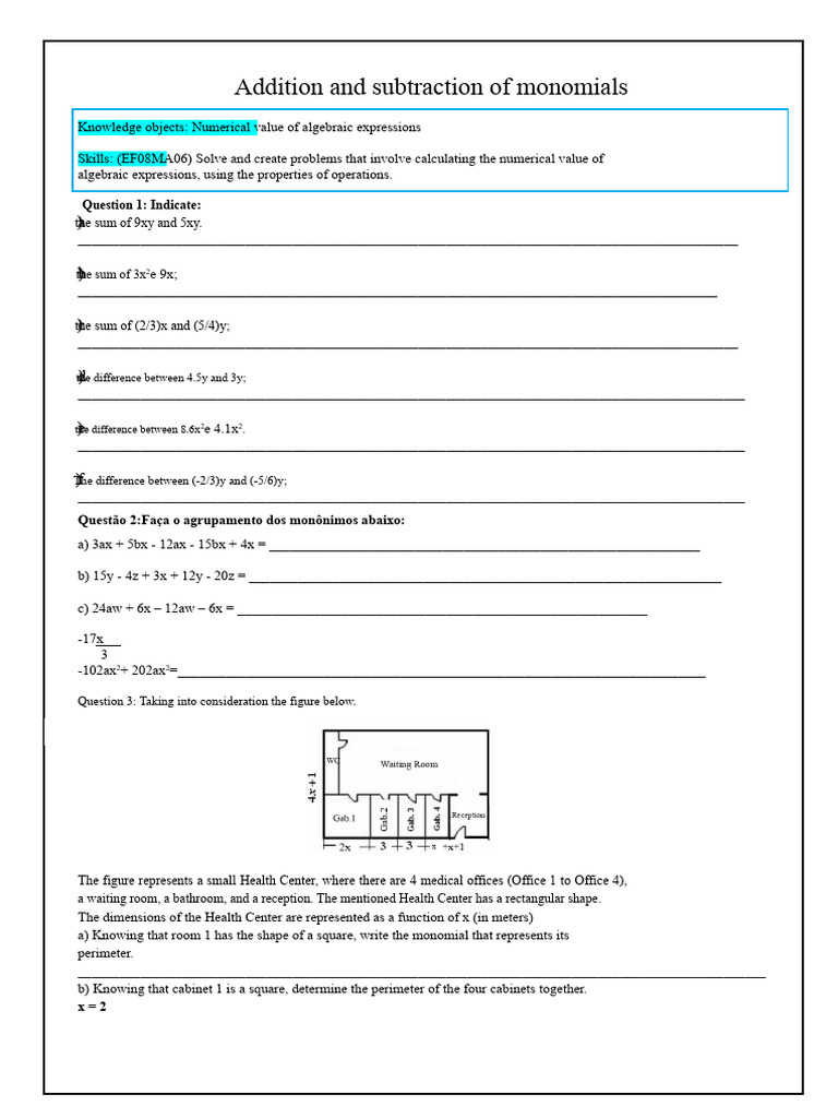 Addition and Subtraction of Monomials Activities | PDF | Geometry ...