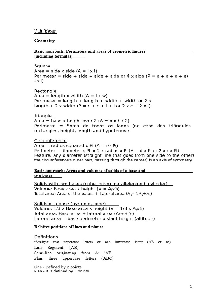 Mathematics Summary 7th To 9th Grade | PDF | Rectangle | Triangle