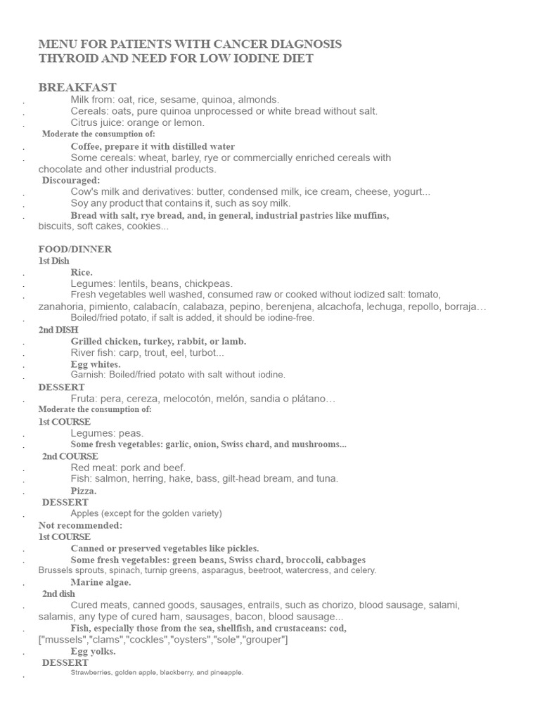 Low Iodine Diet Menu for Cancer Patients | PDF | Foods | Sausage