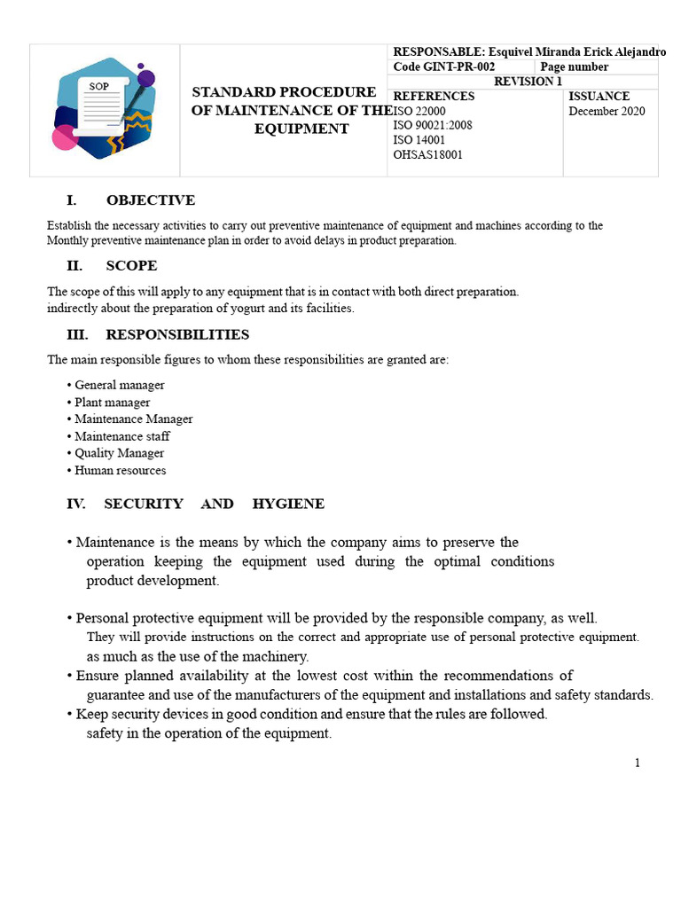 Equipment Maintenance Standard Procedure | PDF | Risk | Safety
