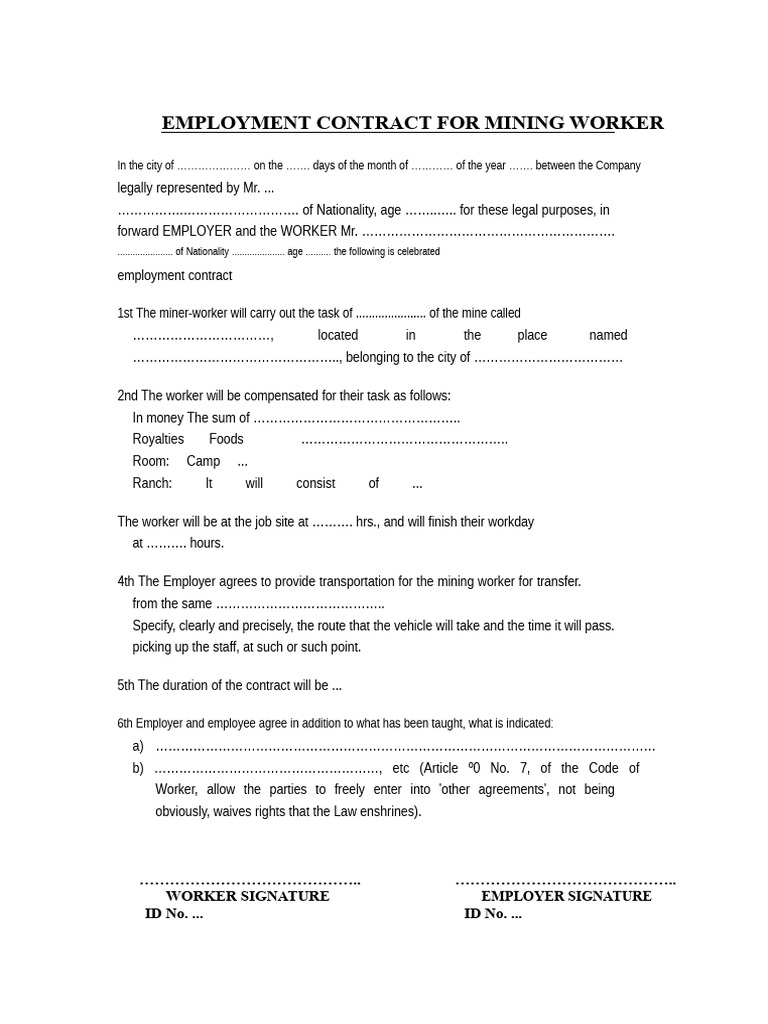 Employment Contract for Mine Worker | PDF