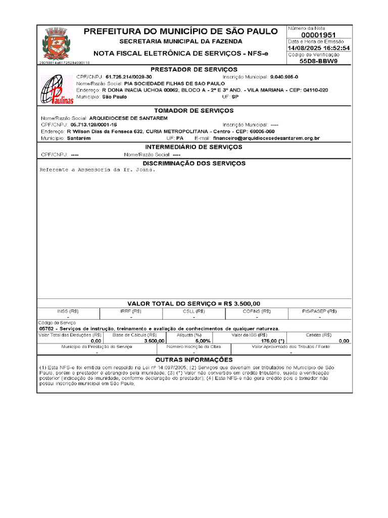 NF 1951 - Referente a Assessoria Ir. Joana | PDF