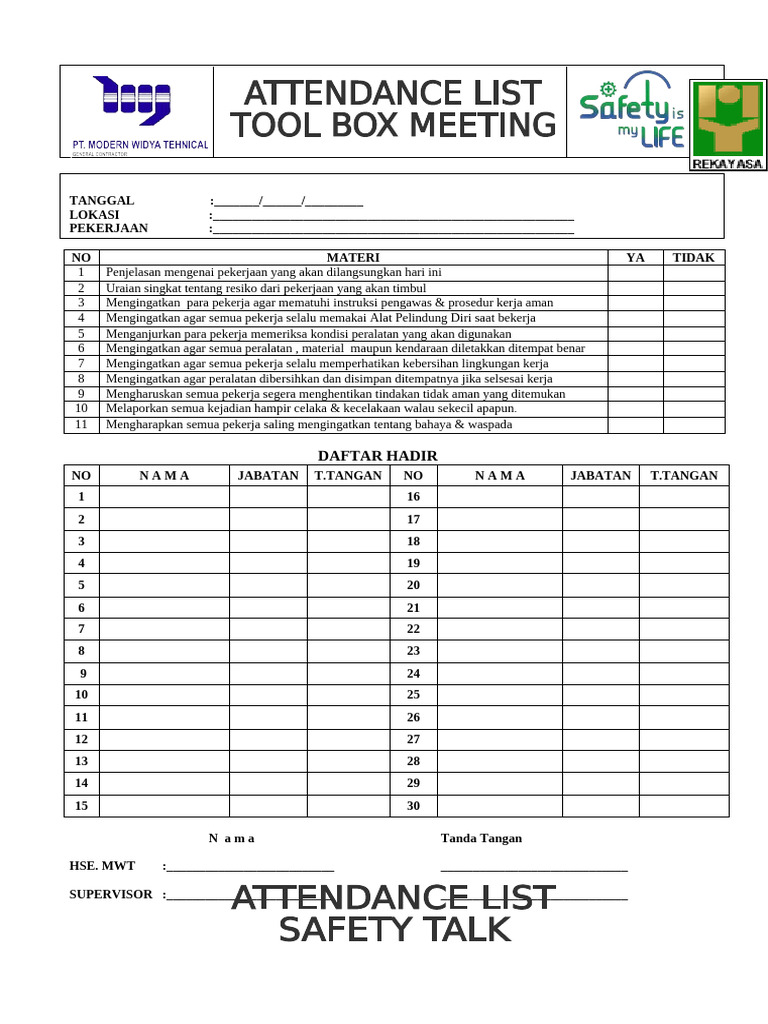 TOOL BOX MEETING ATTENDACE | PDF