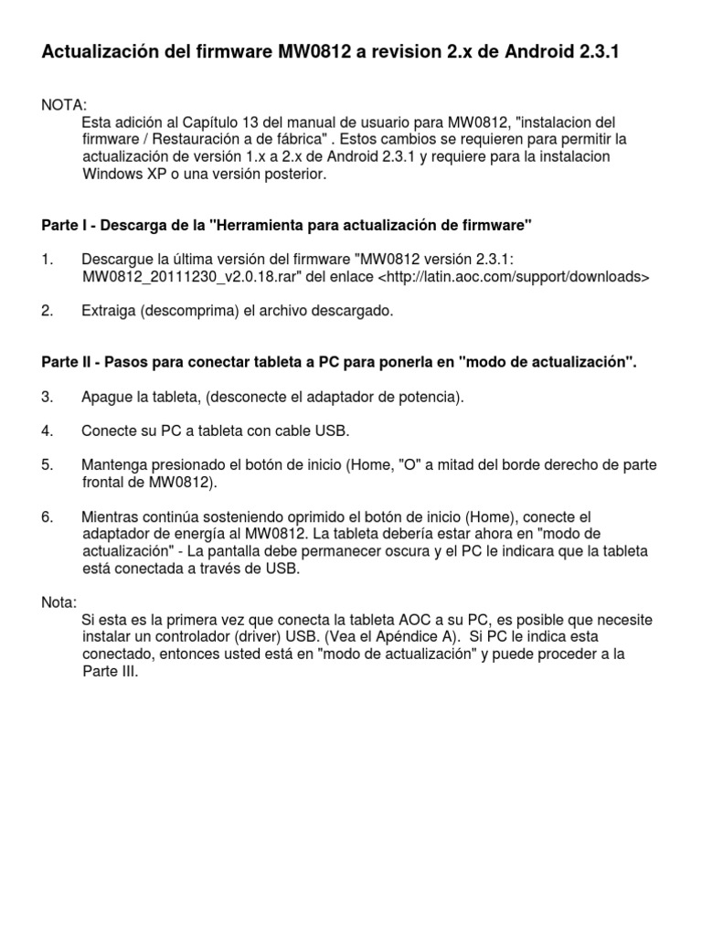 Instrucciones Actualizaci N Del Firmware MW0812 | PDF | Tableta | USB