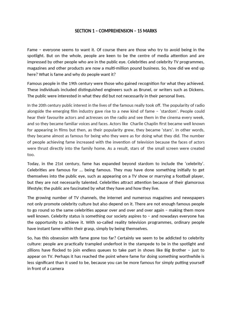 Reading - Annual Exam YR8 | PDF | Celebrity