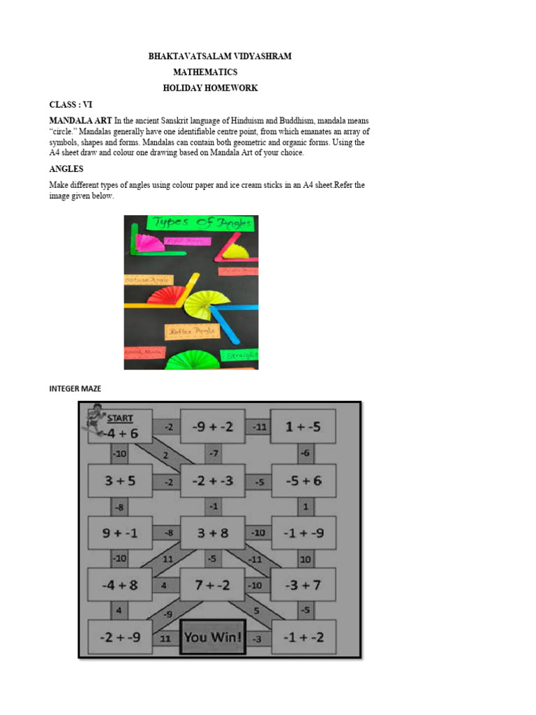 6std Maths Holiday Homework | PDF