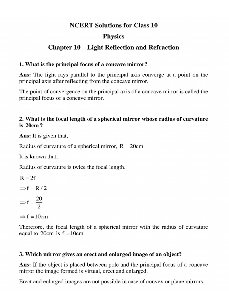 NCERT Solutions for Class 10 Science - Light Reflection and Refraction | PDF