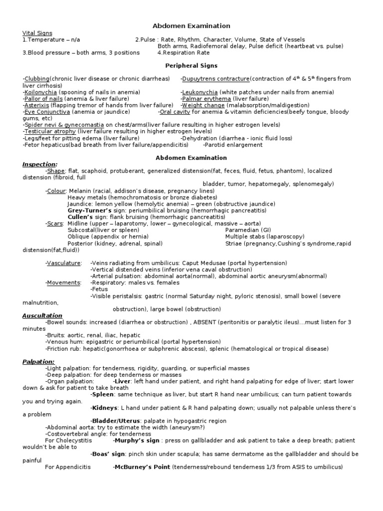 Peripheral Signs: Abdomen Examination | PDF | Pulse | Abdomen