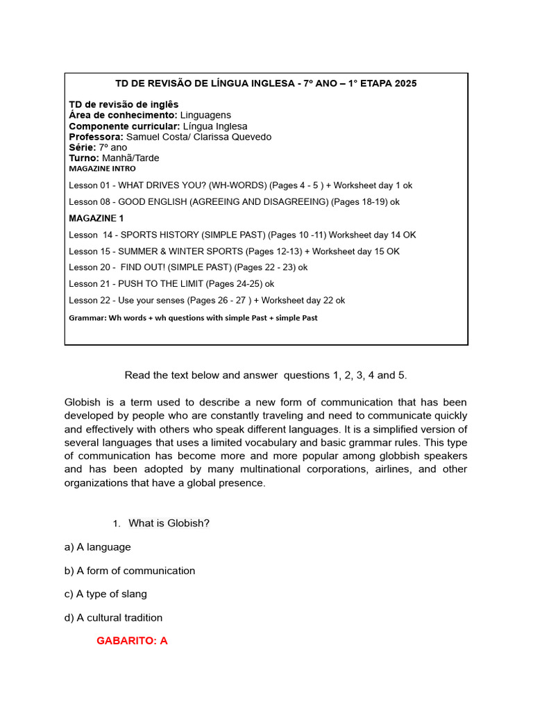 English Review for 7th Grade 2025 | PDF | Linguistics