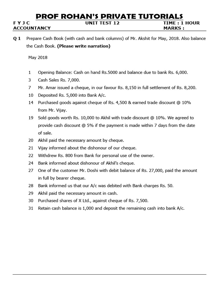 Test 12 - Cash Book (23-11-25) | PDF