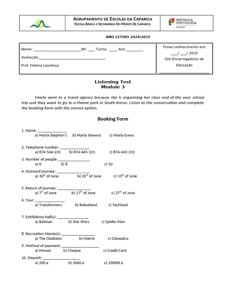 Listening Test for School Trip Planning | PDF