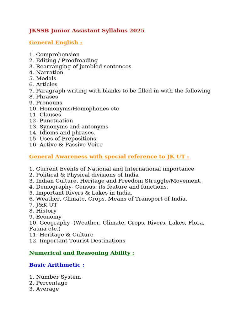 JKSSB Junior Assistant Syllabus 2025 | PDF