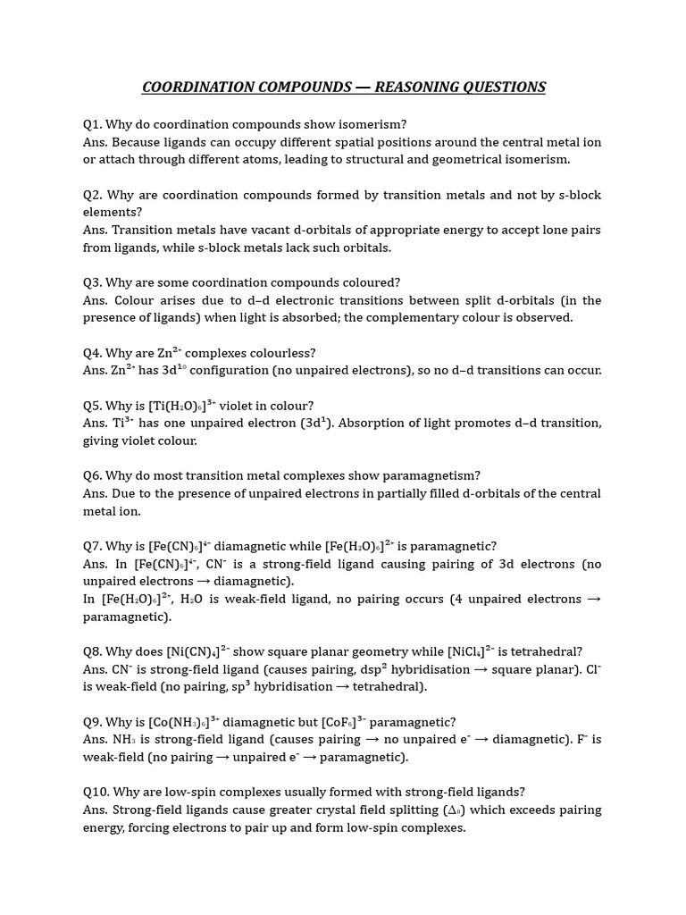 Coordination Compounds Reasoning Questions | PDF | Coordination Complex | Ligand