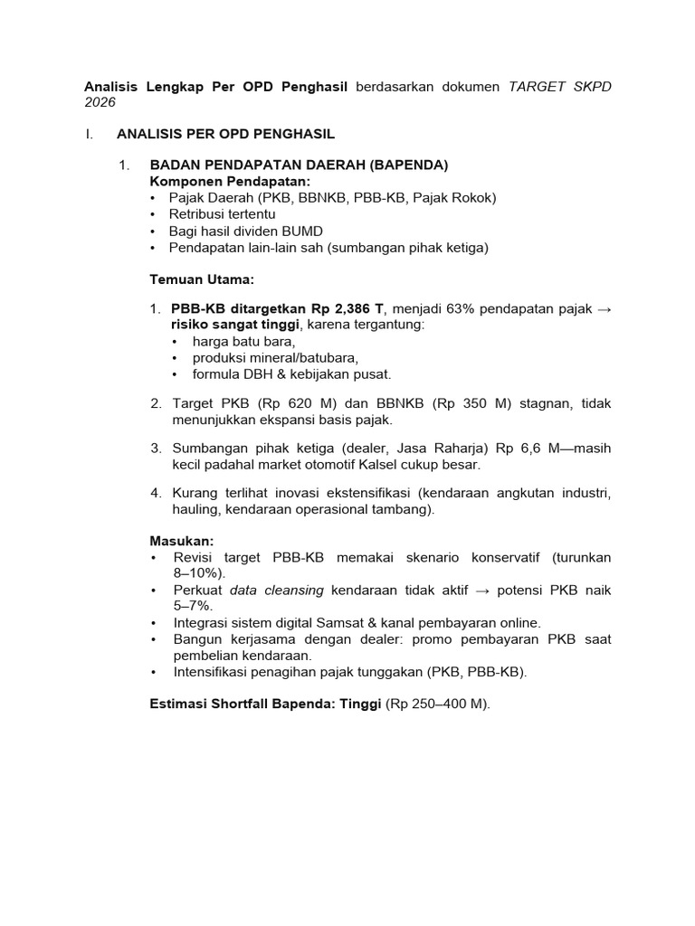 Analisis Lengkap Per OPD Penghasil Berdasarkan Dokumen TARGET SKPD 2026 ...