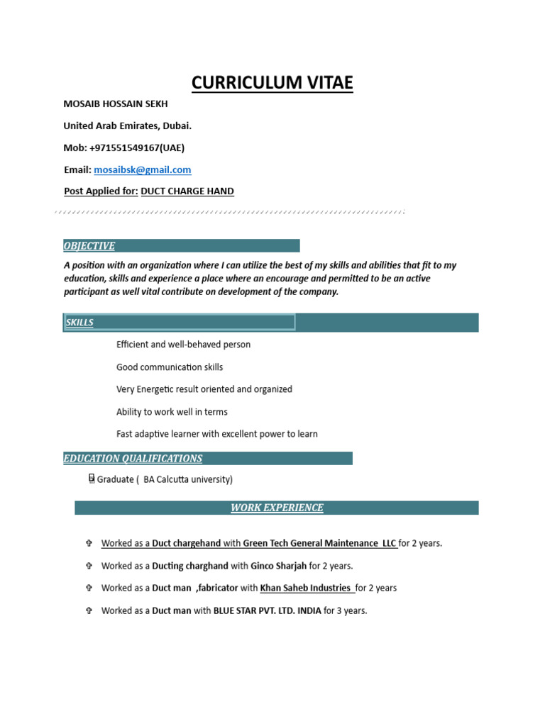 Duct Charge Hand CV - Mosaib Hossain Sekh | PDF | Duct (Flow) | Learning