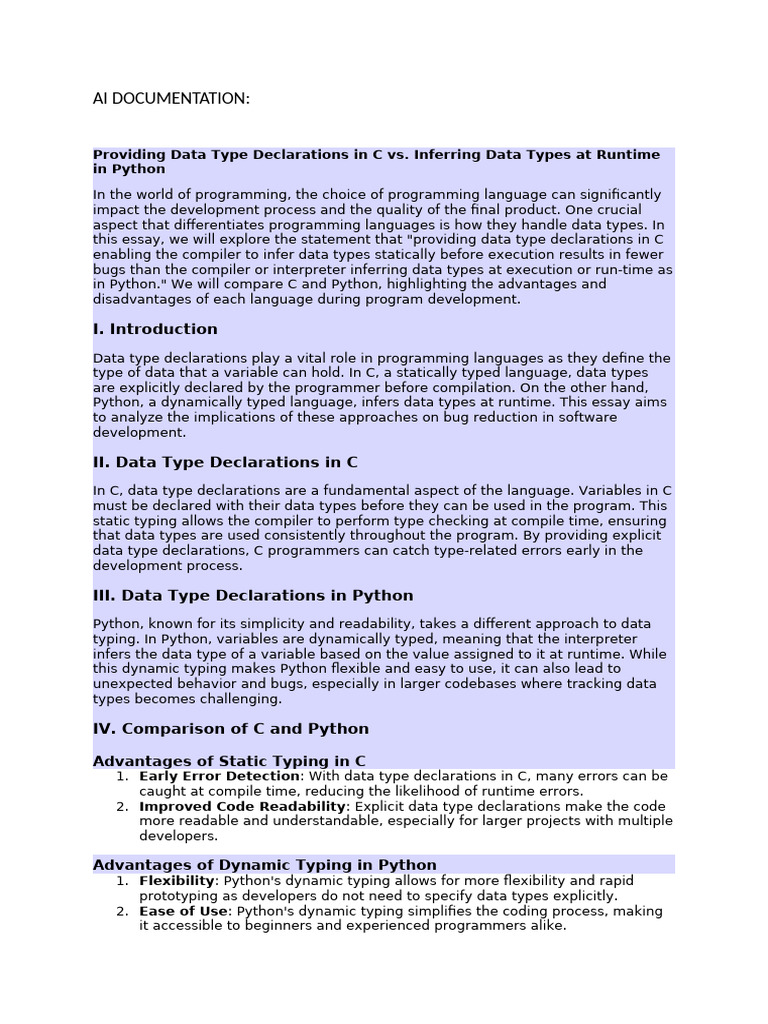 AI DOCUMENTATION | PDF | Variable (Computer Science) | Data Type