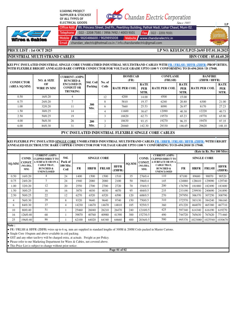 KEI Cables Price List - October 2025 | PDF | Electrical Conductor | Wire