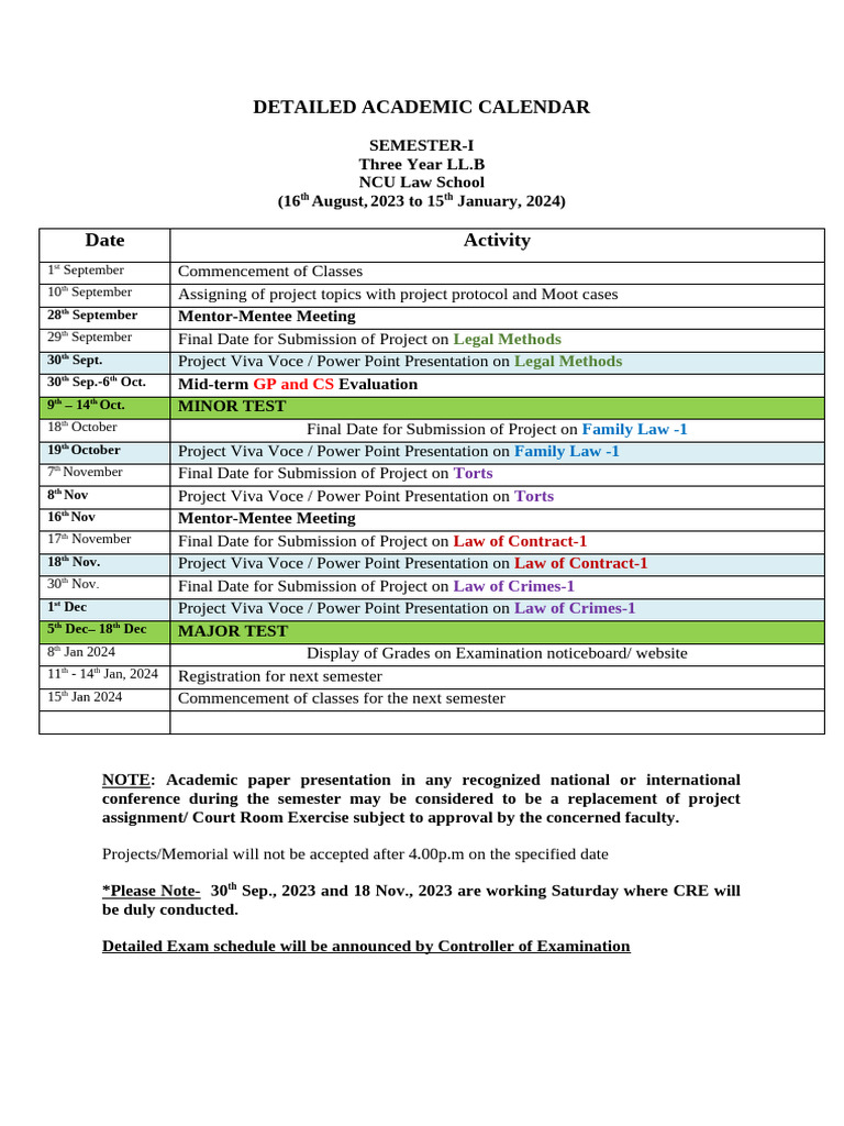 NCU Law School Semester-I Calendar 2023 | PDF