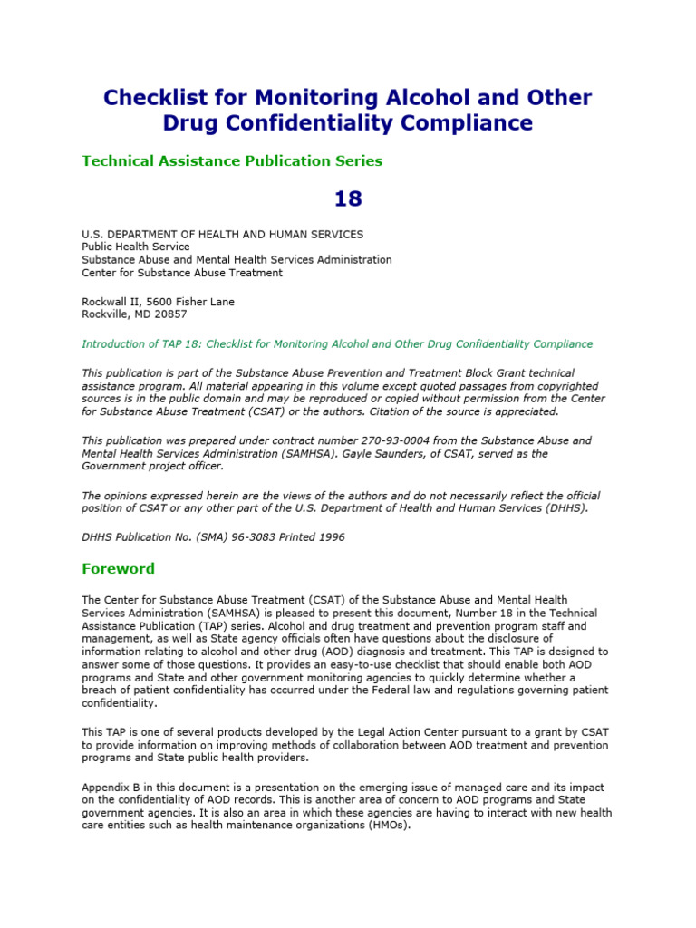 Week 5 TAP 18 Checklist for Monitoring Alcohol and Other Drug ...