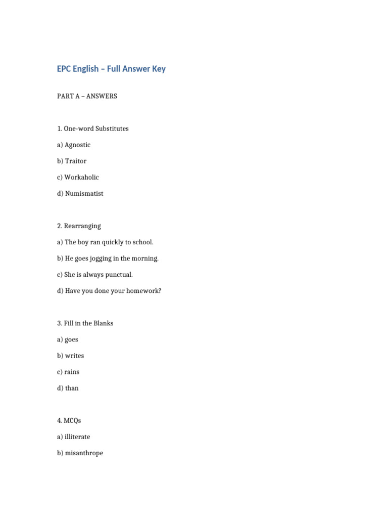 EPC English Answer Key | PDF