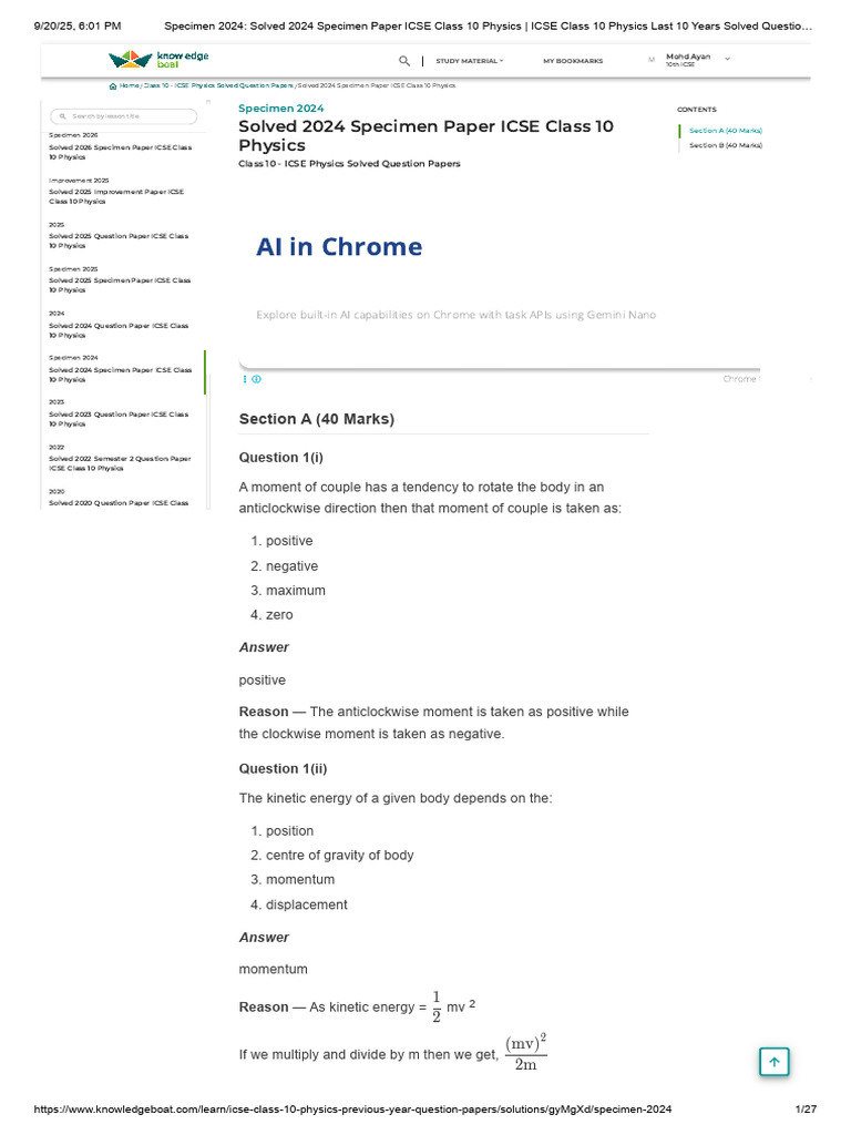 Specimen 2024 - Solved 2024 Specimen Paper ICSE Class 10 Physics - ICSE Class 10 Physics Last 10 ...