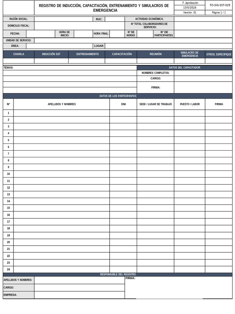 1. Fo-sig-sst-029 Registro de Inducción, Capacitación, Entrenamiento y Simulacro | PDF