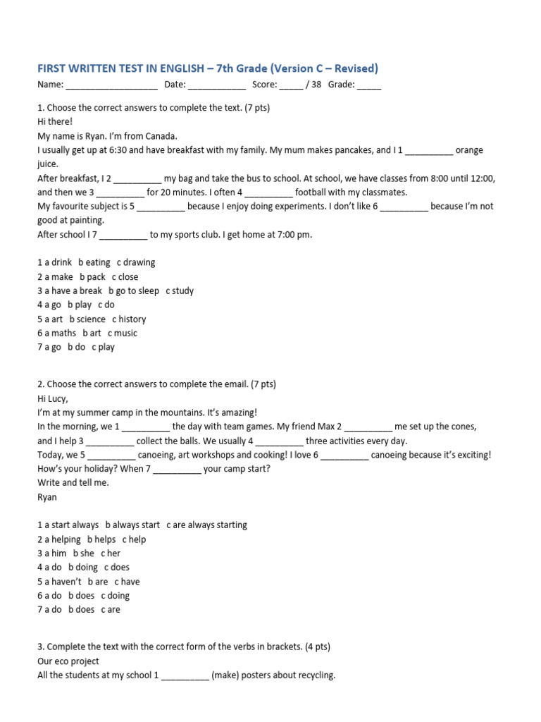 7th Grade English Test - Version C | PDF