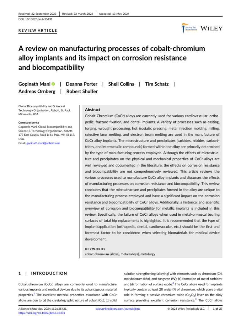 A Review On Manufacturing Processes of Cobalt-Chro | PDF | Corrosion ...