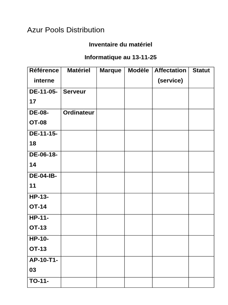 Inventaire Matériel Azur Pools | PDF